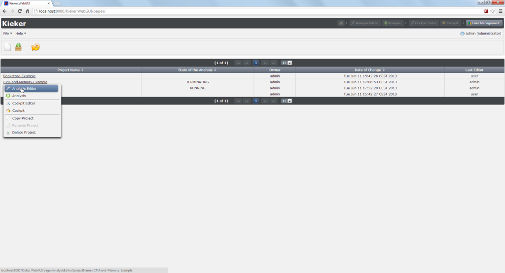 Screenshot Project Overview Page | Kieker